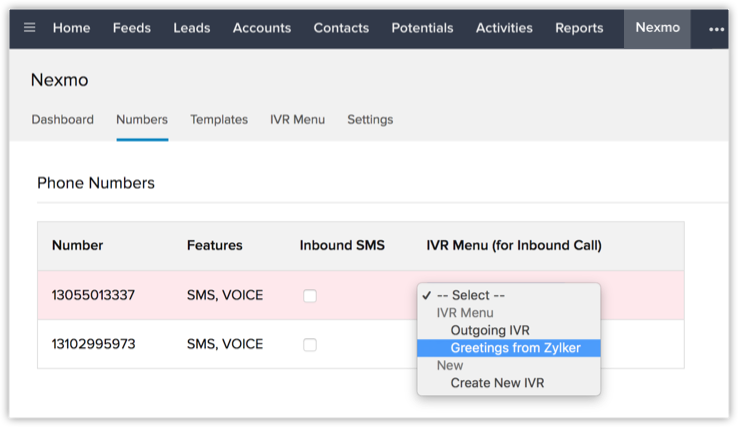 Nexmo | 在线帮助 - Zoho CRM