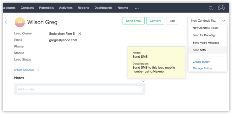 Nexmo | 在线帮助 - Zoho CRM
