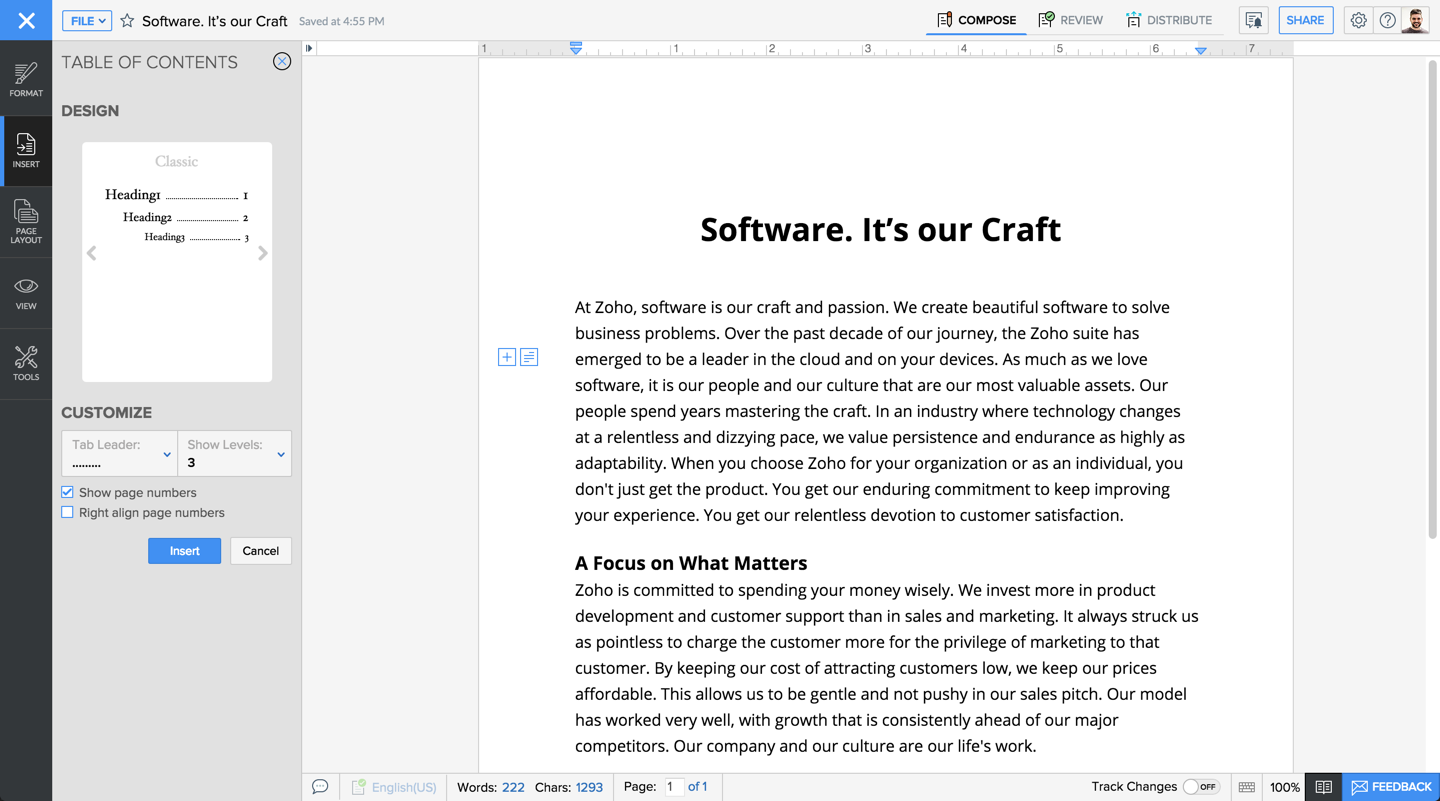 How to create table of contents in Zoho Writer