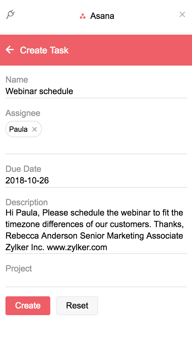 eWidget 中的 Asana 扩展程序 | Zoho Mail